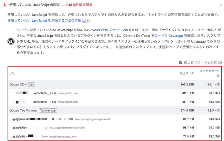 PageSpeed Insightsで表示される「使用していない JavaScript の削減」の対策方法 | ワードプレステーマTCD